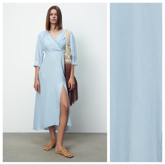 Zara | Dresses | Nwt Zara Light Blue Lyocell Midi Dress With Front Slit ...